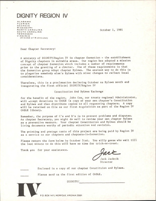 "Letter, Jack Jacknik to Chapter Secretary, October 1, 1981" by Jack ...