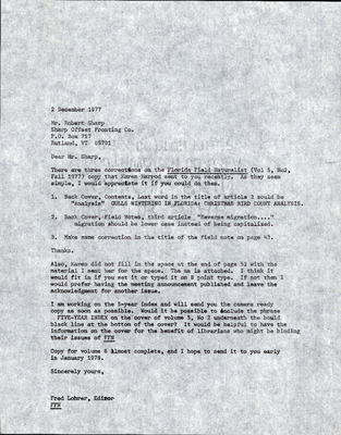 "Letter, Fred Lohrer, Sharp Offset Printing, Florida Field Naturalist C ...