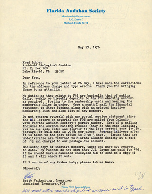 "Letter, Fred Lohrer, Betty Valkenburg, May 27, 1976" by Betty Valkenburg