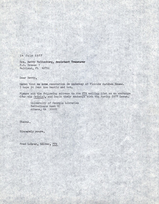 "Letter, Fred Lohrer, Betty Valkenburg, FOS Mailing List, July 14, 1977 ...
