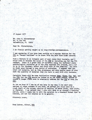 "Correspondence, Fred Lohrer, Florida Field Naturalist, August 17, 1977 ...