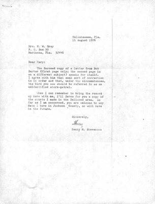 "Correspondence, Henry M. Stevenson, Florida Field Naturalist, August 1 ...