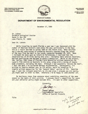 "Letter, Thomas Savage to Fred Lohrer, Florida Field Naturalist America ...