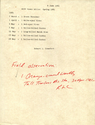 "Report, Robert Crawford, Spring WCTV Tower Kills, June 4, 1981" by ...