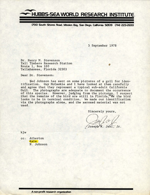 "Letter, Joseph Jehl to Henry M. Stevenson, California Gull Pictures, S ...