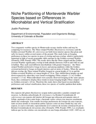 "Niche partitioning of Monteverde warbler species based on differences ...