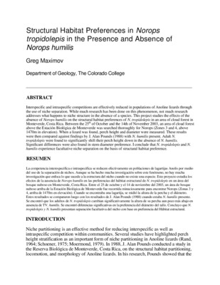 "Structural habitat preferences in Norops tropidolepis in the presence ...
